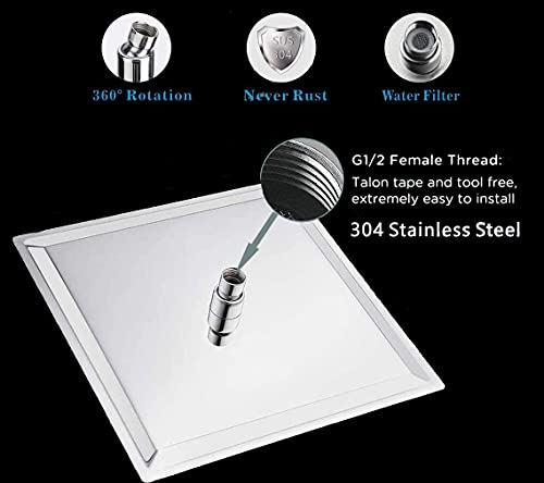 Rain Shower Head 12 inch, 304 Stainless Steel Large High Pressure Square Rainfall Showerhead for Bathroom, Easy to Install, Awesome Shower Experience