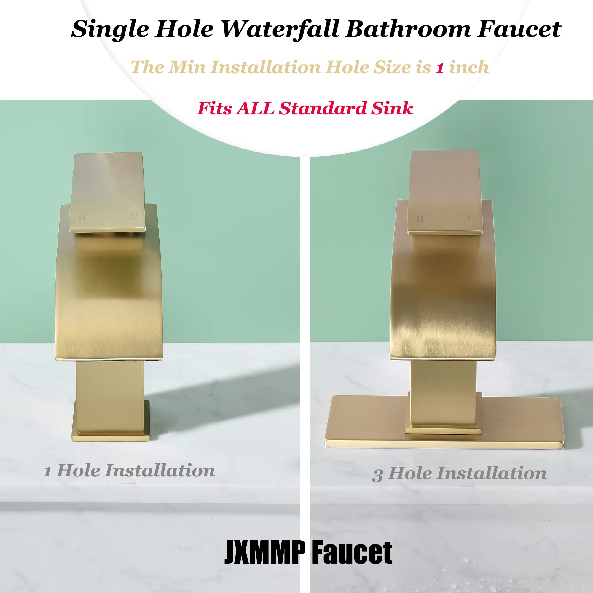 JXMMP Waterfall Faucet for Bathroom Sink, Single Hole Bathroom Faucet Brushed Gold with Pop Up Drains and Deck Plate for 3 Hole Installation JXM122BG