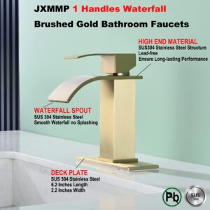 JXMMP Waterfall Faucet for Bathroom Sink, Single Hole Bathroom Faucet Brushed Gold with Pop Up Drains and Deck Plate for 3 Hole Installation JXM122BG