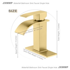 JXMMP Waterfall Faucet for Bathroom Sink, Single Hole Bathroom Faucet Brushed Gold with Pop Up Drains and Deck Plate for 3 Hole Installation JXM122BG