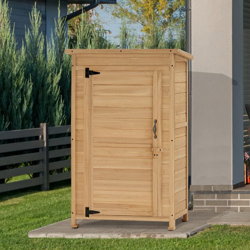 MCombo Small Outdoor Wood Storage Cabinet, Little Garden Wooden Tool Shed with Latch, Outside Waterproof Tool Cabinet for Patio, Backyard (27" x 19.7" x 46") 0701 (Beige)