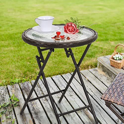 PHI VILLA Outdoor Patio Folding Small Side Table Round with Tempered Glass Top, Rattan Edge and Metal Frame