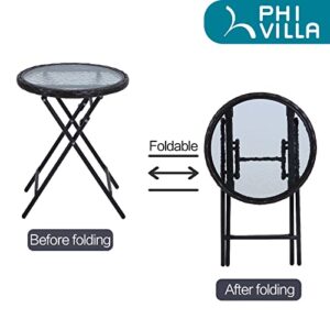 PHI VILLA Outdoor Patio Folding Small Side Table Round with Tempered Glass Top, Rattan Edge and Metal Frame