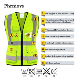 Phrmovs Class 2 Hi Vis Reflective Safety Tool Vest for Women Work with 7 Pockets and Zipper, Security Vest Meets ANSI/ISEA Standard Yellow, M