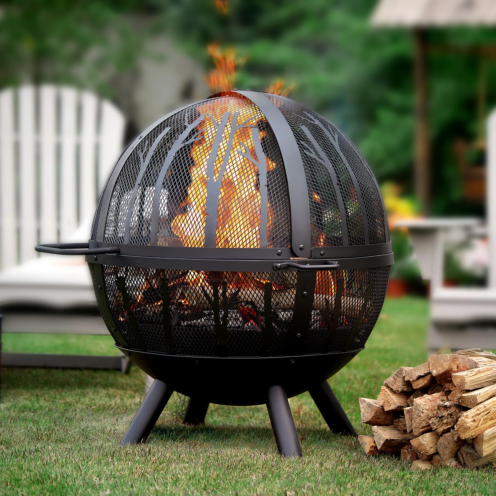 Fissfire 35 Inch Fire Pit Sphere, Outdoor Wood Burning Flaming Ball FirePit with Pivot Spark Screen, Backyard Patio Camping Beach Bonfire Pit