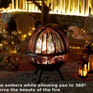 Fissfire 35 Inch Fire Pit Sphere, Outdoor Wood Burning Flaming Ball FirePit with Pivot Spark Screen, Backyard Patio Camping Beach Bonfire Pit