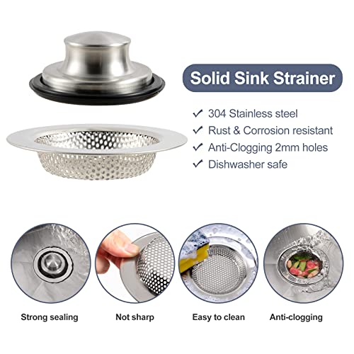 RQYEKDO Polished Kitchen Sink Strainers Sink Stopper Kits, Stainless Steel Sink Drain Strainer Set,Large Wide Rim 4.5" Diameter Food Catcher Garbage Disposal Plug for Most Sink Drains Basket Filter