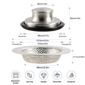 RQYEKDO Polished Kitchen Sink Strainers Sink Stopper Kits, Stainless Steel Sink Drain Strainer Set,Large Wide Rim 4.5" Diameter Food Catcher Garbage Disposal Plug for Most Sink Drains Basket Filter