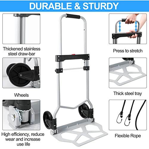 Dolly Cart 230 lbs Folding Hand Truck with 2 Elastic Ropes Portable Steel Folding Cart,Telescoping Handle,Handing Truck for Luggage, Moving, Travel, Shopping, Office Use, 2 Wheels