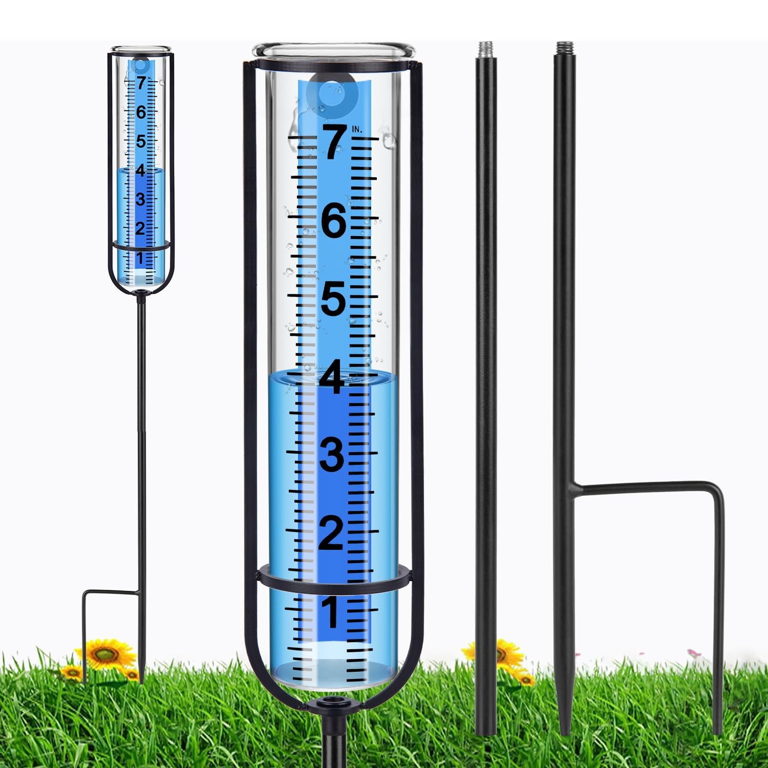 Richene Rain Gauge Upgrade, 7" Freeze-Proof Glass Rain Gauge Outdoor, Large Clear Numbers and Adjustable Height - Stylish and Practical Rain Measuring Tool for Garden, Lawn, Patio, and Farm Use