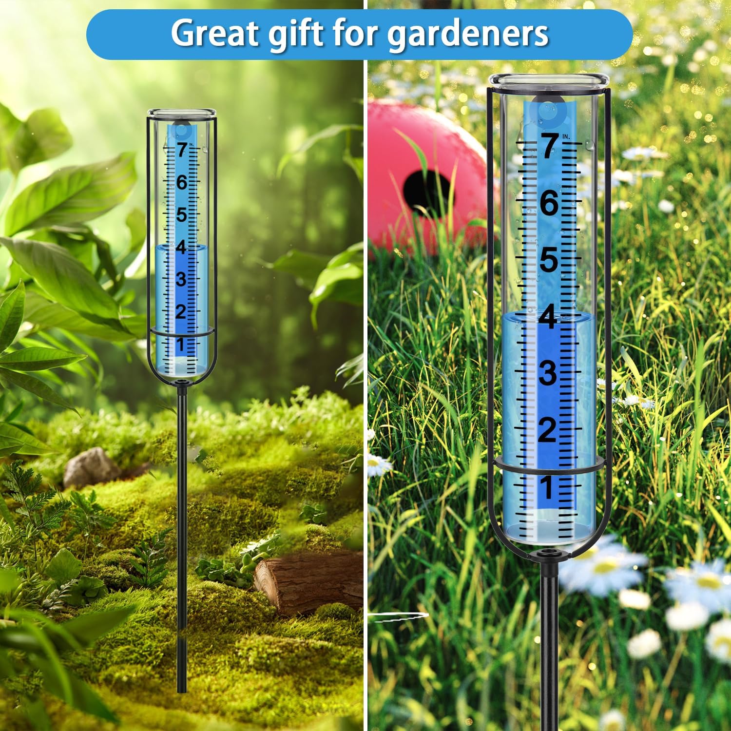 Richene Rain Gauge Upgrade, 7" Freeze-Proof Glass Rain Gauge Outdoor, Large Clear Numbers and Adjustable Height - Stylish and Practical Rain Measuring Tool for Garden, Lawn, Patio, and Farm Use