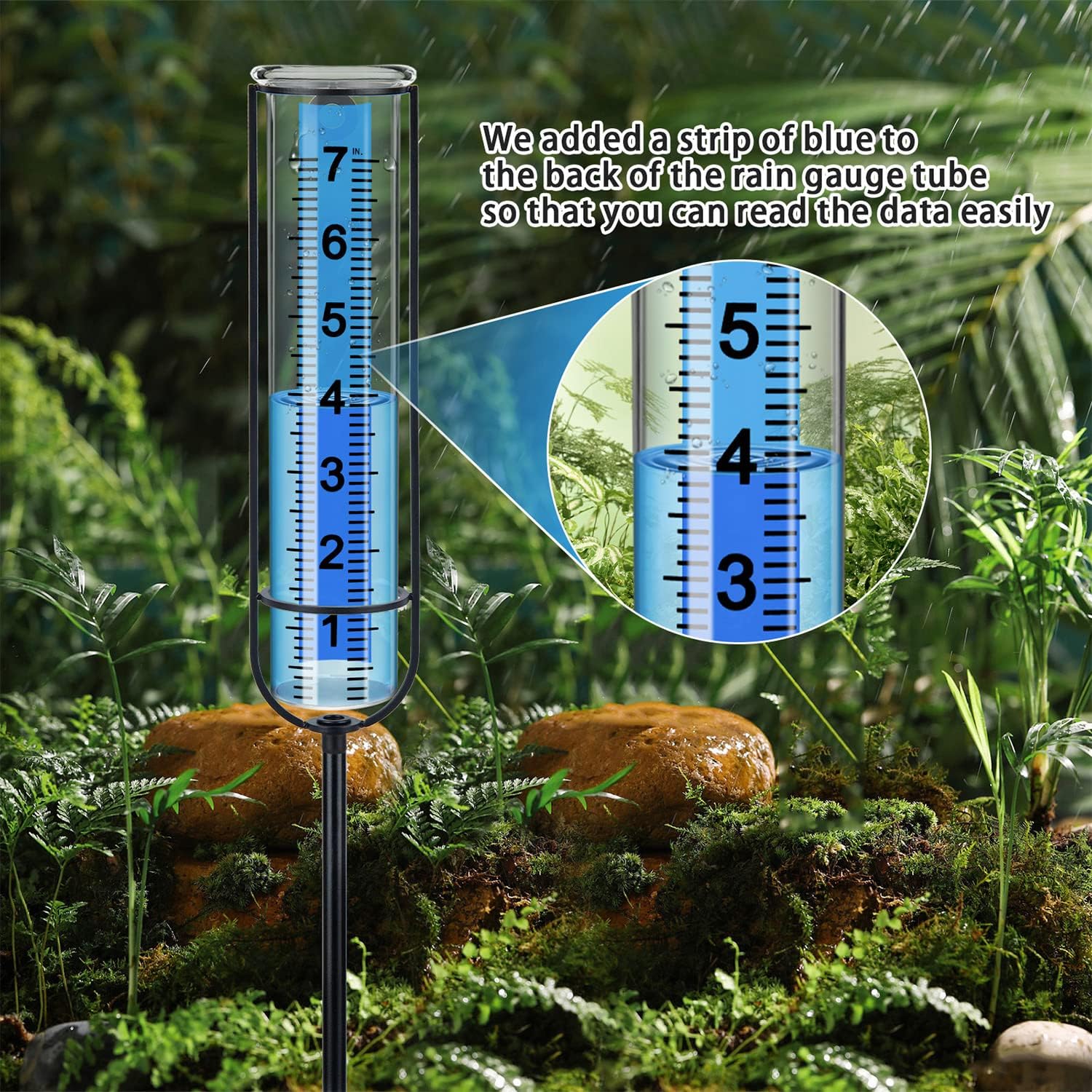 Richene Rain Gauge Upgrade, 7" Freeze-Proof Glass Rain Gauge Outdoor, Large Clear Numbers and Adjustable Height - Stylish and Practical Rain Measuring Tool for Garden, Lawn, Patio, and Farm Use