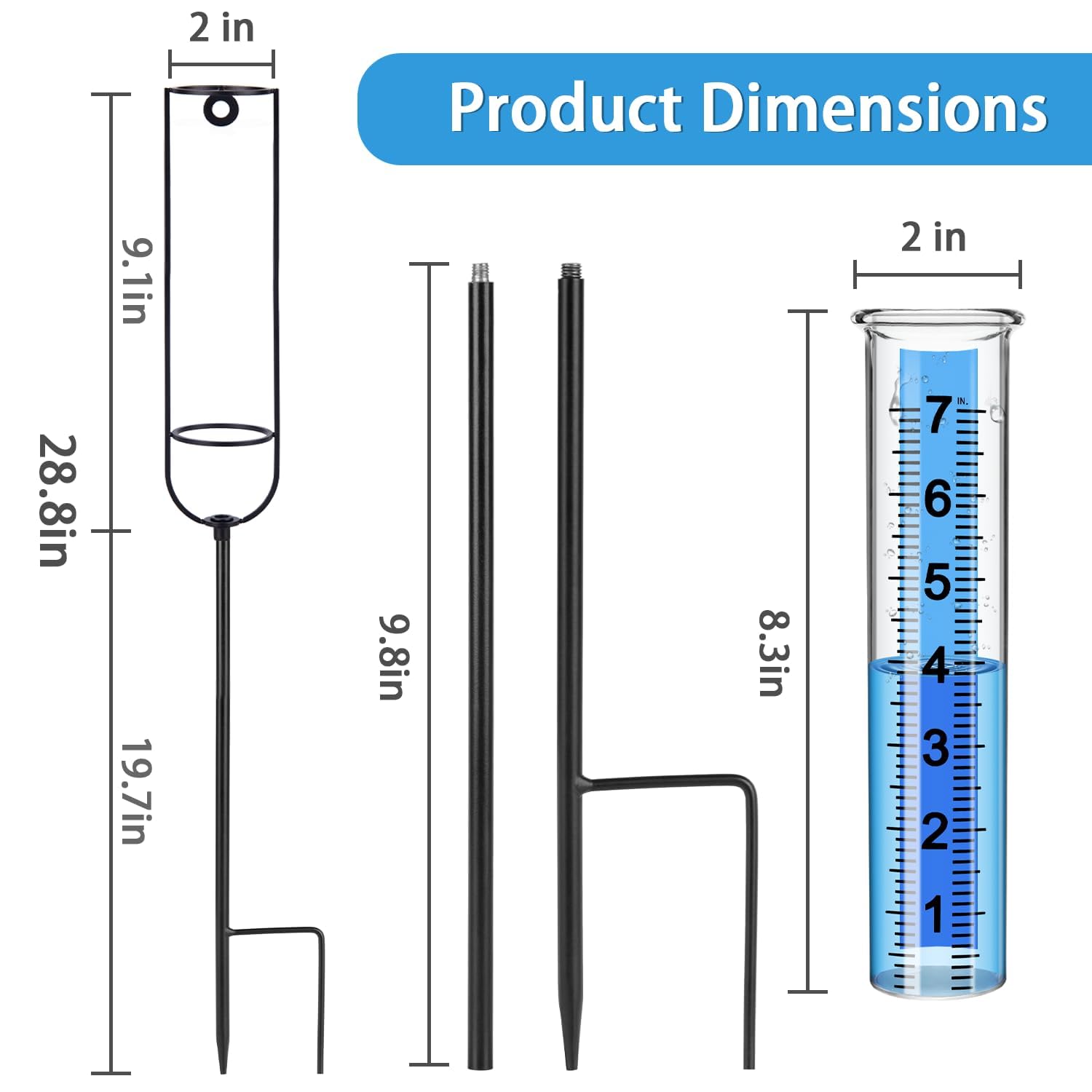 Richene Rain Gauge Upgrade, 7" Freeze-Proof Glass Rain Gauge Outdoor, Large Clear Numbers and Adjustable Height - Stylish and Practical Rain Measuring Tool for Garden, Lawn, Patio, and Farm Use