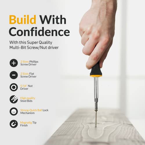 6 in 1 Screwdriver set with Comfortable Non-Slip Grip, Multi-tool Screw Driver Bit Set multipurpose, All in 1 Nut Driver with Phillips/Slotted Super Quality Steel Bits, with Built-in bit holder