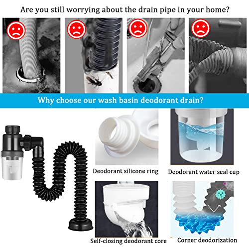 Bathroom Sink Drain Kit, Sink Drain Pipe, with Flexible & Expandable P-Trap Sink Drain Pipe Tube, Suitable for Bathroom Sink, Kitchen Sink, Garbage Disposal & Shampoo Bowls