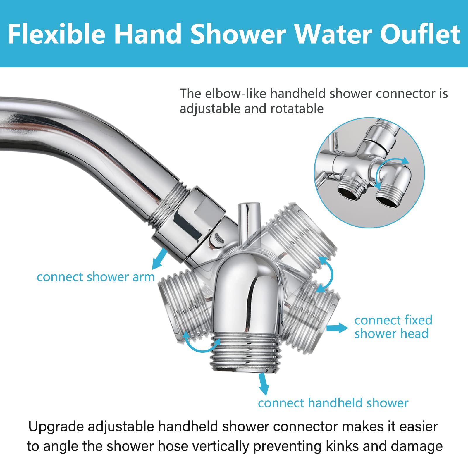 PDPBath Brass 3 Way Shower Arm Diverter Valve for Handheld Shower Head and Fixed Shower Head, G1/2 Universal Connection - Chrome