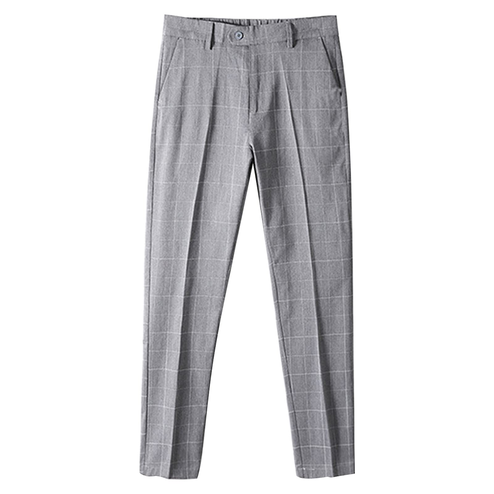 Men's Plaid Business Comfort Pant Casual Straight Fit Tapered Suit Pant Classic Lightweight Loose Fit Trousers (Light Grey,33)