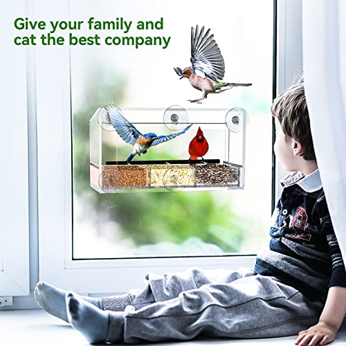 DY-SKTY Clear Window Bird Feeder with 6 Strong Suction Cups and Detachable Seed Tray for Outside, Large Transparent Acrylic Wild Birds House Cat Kids and Elderly Viewing Bird Feeder for Window Perch