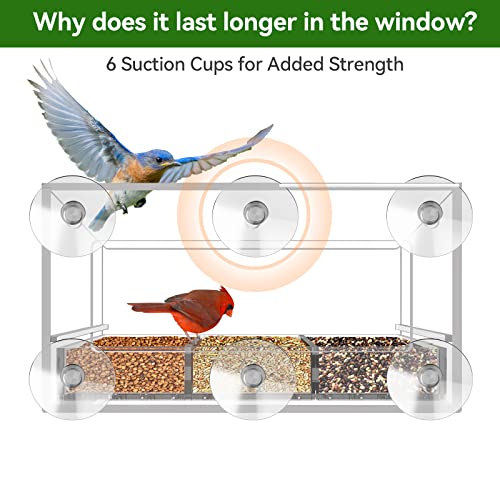 DY-SKTY Clear Window Bird Feeder with 6 Strong Suction Cups and Detachable Seed Tray for Outside, Large Transparent Acrylic Wild Birds House Cat Kids and Elderly Viewing Bird Feeder for Window Perch