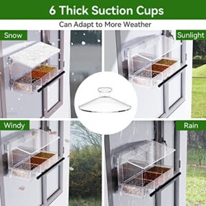 DY-SKTY Clear Window Bird Feeder with 6 Strong Suction Cups and Detachable Seed Tray for Outside, Large Transparent Acrylic Wild Birds House Cat Kids and Elderly Viewing Bird Feeder for Window Perch