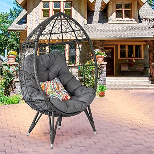 Temminkii Outdoor Patio Wicker Egg Chair Indoor Basket Wicker Chair with Grey Cushion for Backyard Poolside