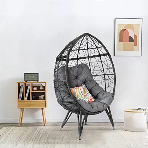 Temminkii Outdoor Patio Wicker Egg Chair Indoor Basket Wicker Chair with Grey Cushion for Backyard Poolside