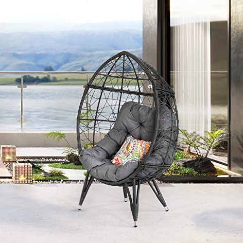 Temminkii Outdoor Patio Wicker Egg Chair Indoor Basket Wicker Chair with Grey Cushion for Backyard Poolside