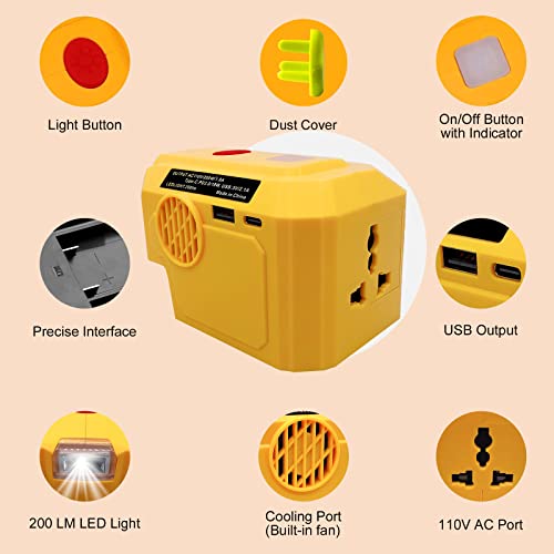 Powered Inverter 200W Inverter DC to AC 110~120V Supply Charger Adapter with USB-C PD3.0, AC Outlet, Type-C Fast Charging, 200LM LED Working Light (Battery Not Included)