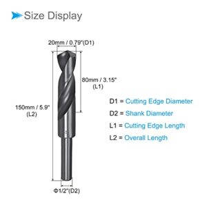 CoCud Reduced Shank Drill Bit, 20mm Cutting Edge 1/2" Shank, Nitride Coated High Speed Steel 6542 Twist Drill Bits - (Applications: for Stainless Steel Metal Wood)