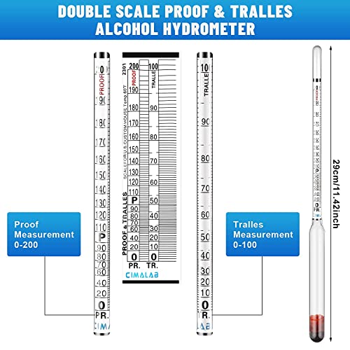 Alochol Hydrometer Kit for Distilled Spirits Brandy Liquor Whiskey Moonshine: 2X Alcohol Hydrometers 0-100% ABV Proof Tralle 0-200 Double Scales,100ml Glass Cylinder Test Jar Accessories Storage Box