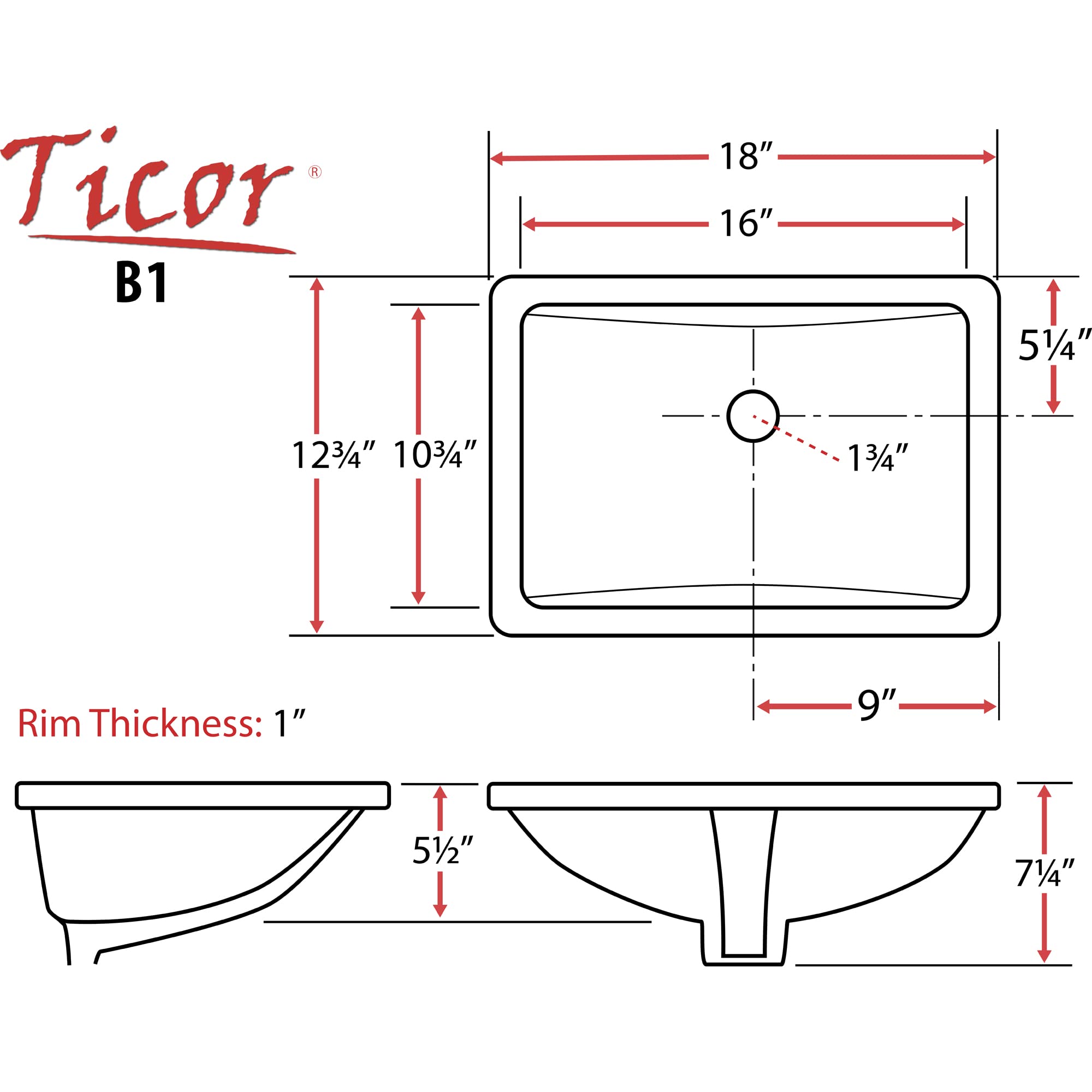 Ticor 18" Square White Porcelain Undermount Bathroom Vanity Sink Ceramic (2 Pack)