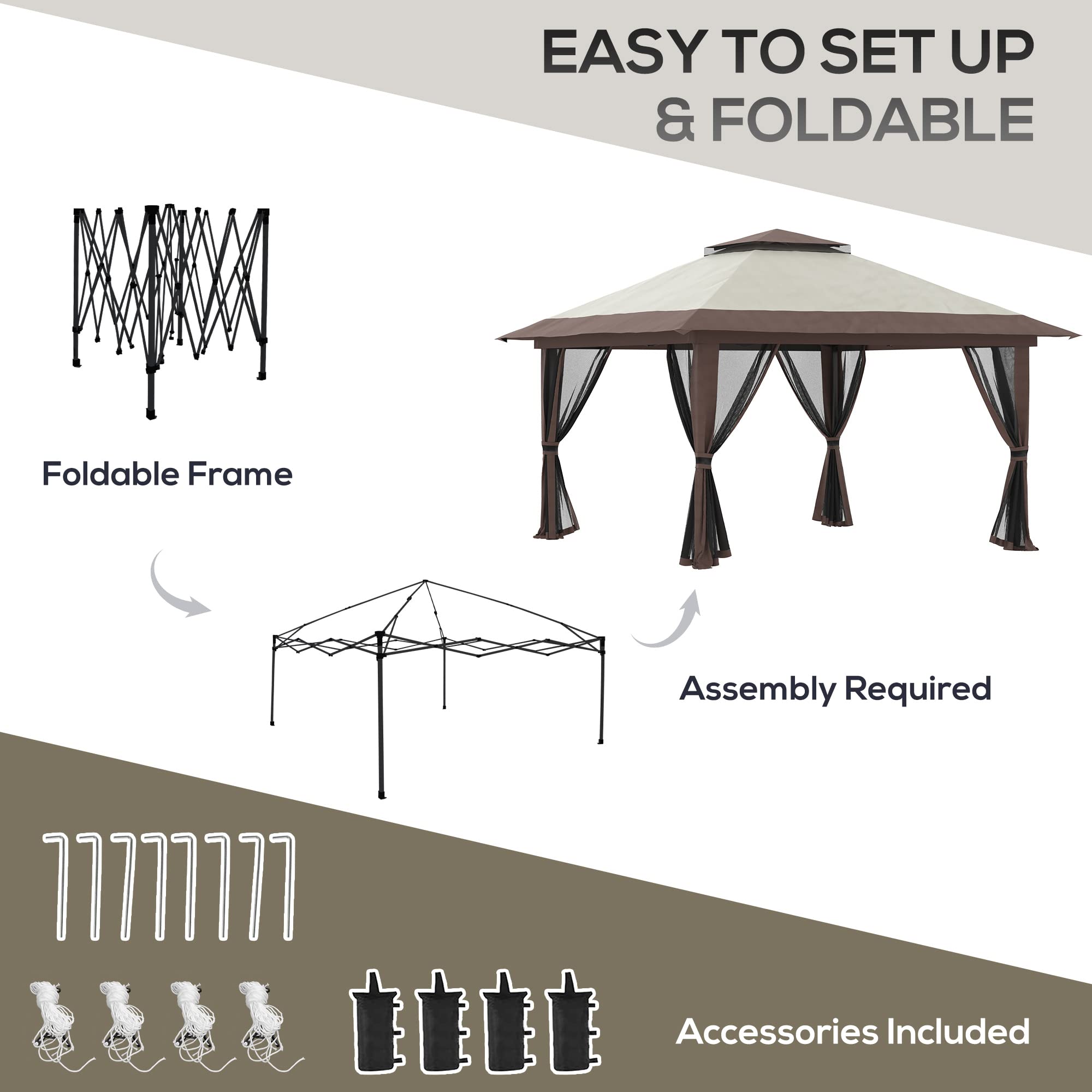 Outsunny 13' x 13' Pop Up Gazebo with Netting, Instant Canopy Tent Shelter with 2-Tier Roof, Wheeled Carry Bag, Water/Sand Bags for Outdoor, Garden, Parties, Beige