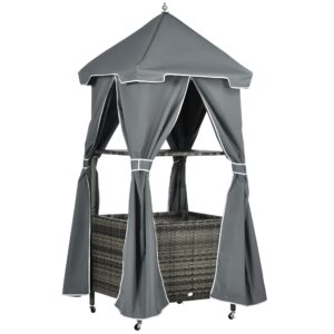 outsunny outdoor towel valet caddy, covered poolside towel holder rack, shelf, basket, rolling pe rattan wicker storage on wheels, gray