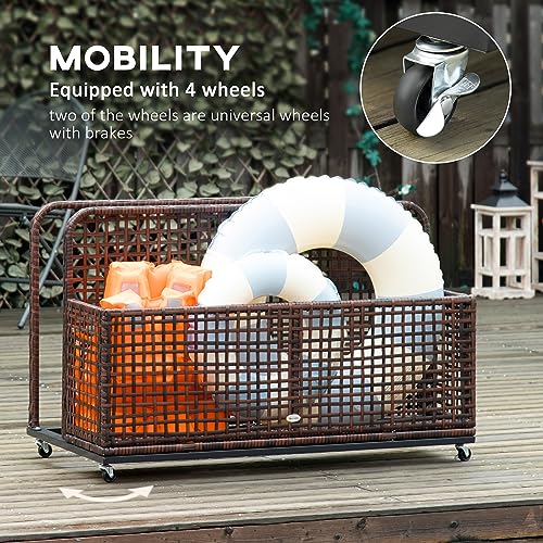 Outsunny Patio Wicker Pool Float Storage with Wheels, Outdoor Rolling PE Rattan Pool Caddy, Includes Compartment and Basket, for Pool, Garden, Deck, Mixed Brown