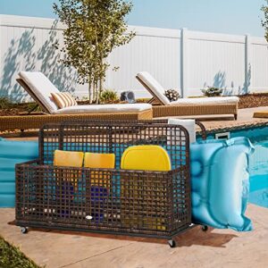 Outsunny Patio Wicker Pool Float Storage with Wheels, Outdoor Rolling PE Rattan Pool Caddy, Includes Compartment and Basket, for Pool, Garden, Deck, Mixed Brown