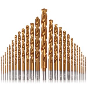 mulwark 25pc titanium nitride coated twist drill bit set, 135° high speed hss steel jobber drill bits 1/6"-1/2" straight round shank drill bits