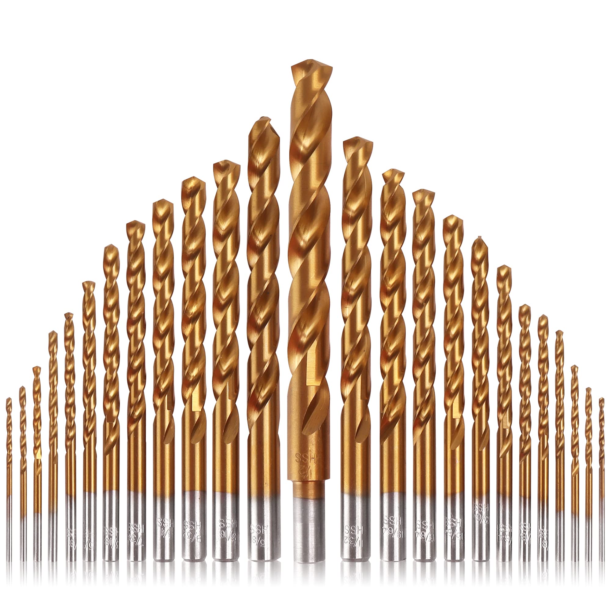 MulWark 25PC Titanium Nitride Coated Twist Drill Bit Set, 135° High Speed HSS Steel Jobber Drill Bits 1/6"-1/2" Straight Round Shank Drill Bits