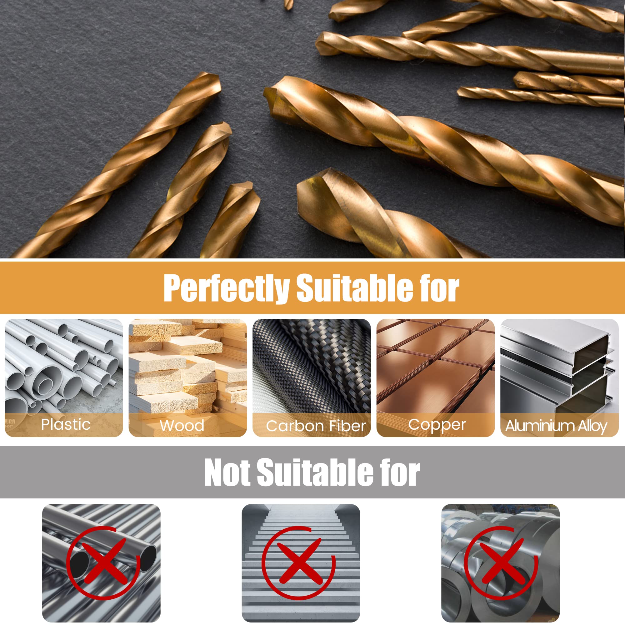 MulWark 25PC Titanium Nitride Coated Twist Drill Bit Set, 135° High Speed HSS Steel Jobber Drill Bits 1/6"-1/2" Straight Round Shank Drill Bits