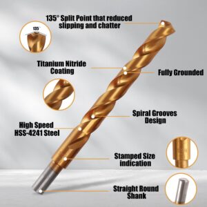 MulWark 25PC Titanium Nitride Coated Twist Drill Bit Set, 135° High Speed HSS Steel Jobber Drill Bits 1/6"-1/2" Straight Round Shank Drill Bits