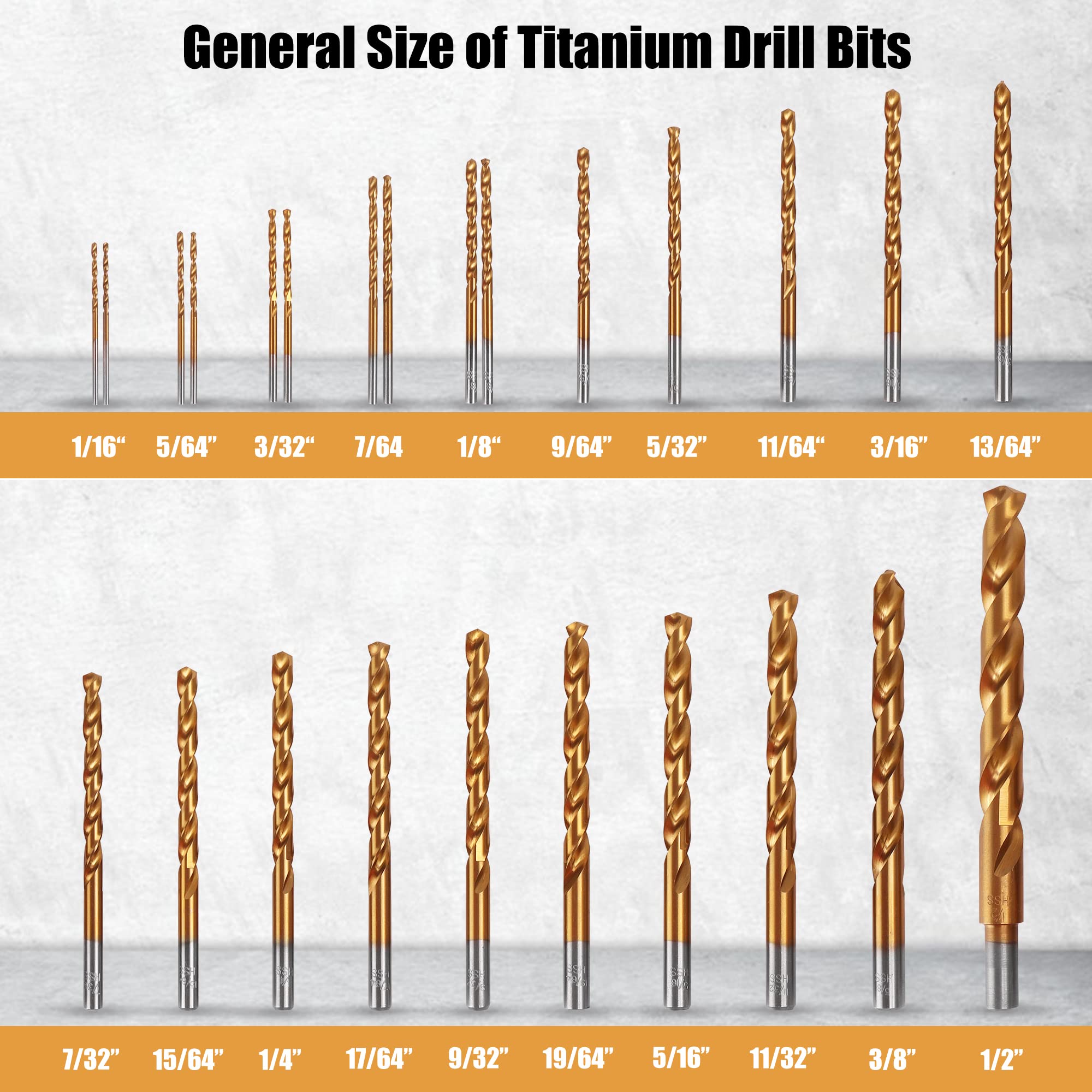 MulWark 25PC Titanium Nitride Coated Twist Drill Bit Set, 135° High Speed HSS Steel Jobber Drill Bits 1/6"-1/2" Straight Round Shank Drill Bits