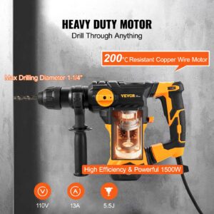 VEVOR 1-1/4 Inch SDS-Plus Rotary Hammer Drill, 13Amp Corded Drills, Heavy Duty Chipping Hammers w/Vibration Control & Safety Clutch, Electric Demolition Hammers Variable Speed-Including 3 Drill & Case