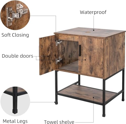 UEV 24" Antique Bathroom Vanity, Dark Brown Bathroom Vanity Set with Sink Combo, Iron Wood Bathroom Cabinet with Adjustable Water Temperature Faucet (A10)