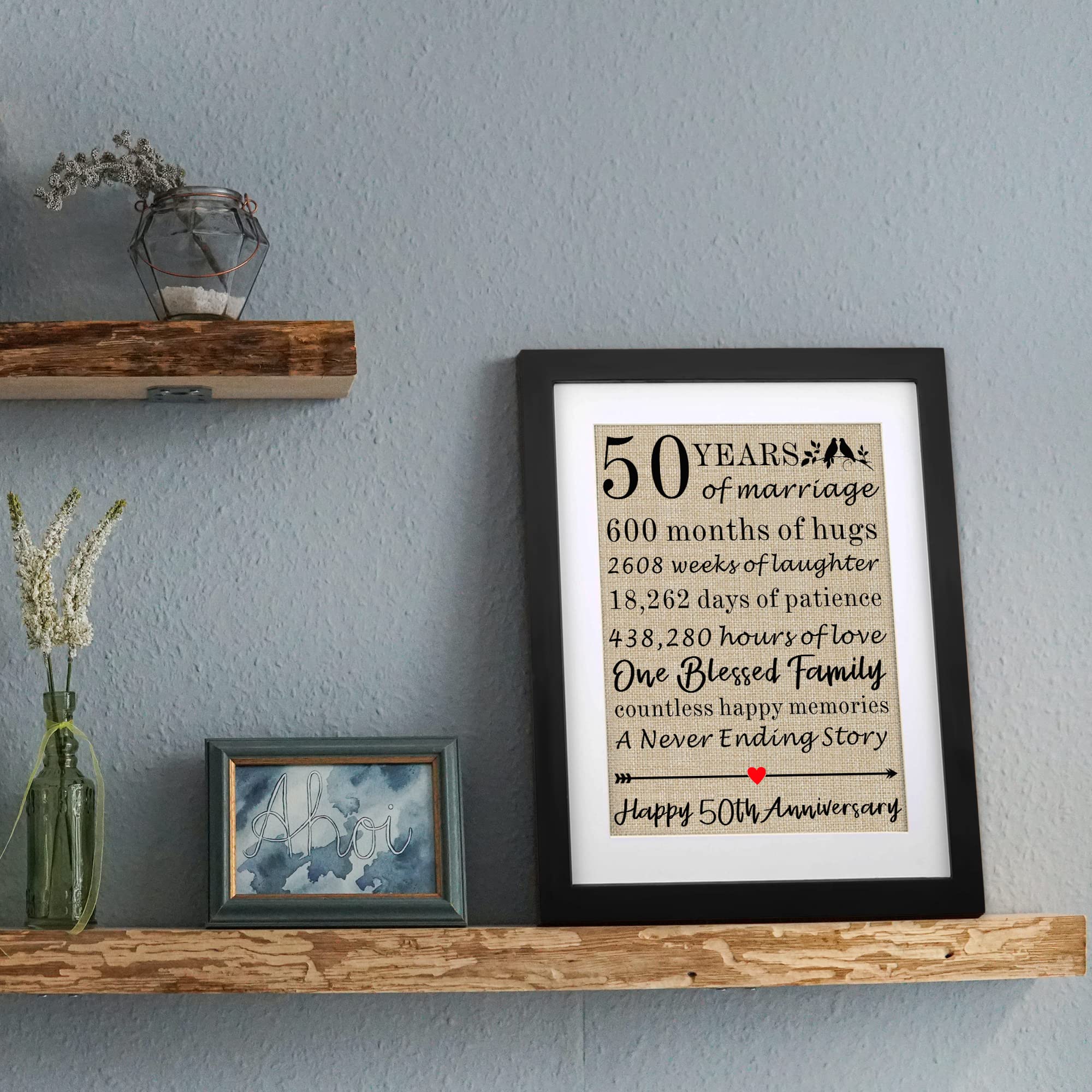 50 Years Anniversary Gift for Parents Grandparents, 50th Wedding Anniversary Burlap Print for Mom Dad, Golden 50 Years of Marriage Gifts for Grandpa, Grandma - Happy 50th Anniversary Decoration