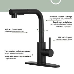 KZH Matte Black Kitchen Faucets with Pull Down Sprayer, Single Handle Kitchen Sink Faucet with Pull Out Sprayer with Deck Plate for Rv/Bar Sink/Laundry/Outdoor tap