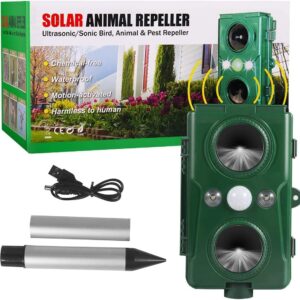 Ultrasonic Cat Deterrent, 6 Modes Solar Powered Deterrent Device with Motion Sensor and Flashing Light, Outdoor Waterproof Device Garden, Farm, Yard, Dogs, Cats, Birds and More