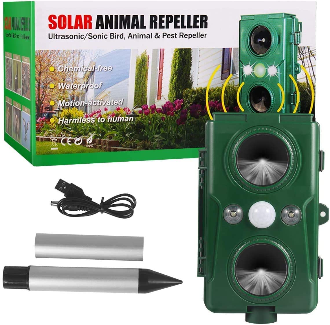 Ultrasonic Cat Deterrent, 6 Modes Solar Powered Deterrent Device with Motion Sensor and Flashing Light, Outdoor Waterproof Device Garden, Farm, Yard, Dogs, Cats, Birds and More