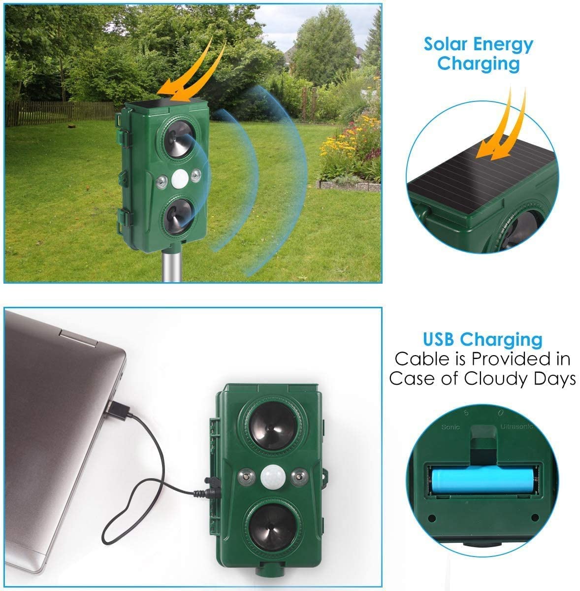 Ultrasonic Cat Deterrent, 6 Modes Solar Powered Deterrent Device with Motion Sensor and Flashing Light, Outdoor Waterproof Device Garden, Farm, Yard, Dogs, Cats, Birds and More