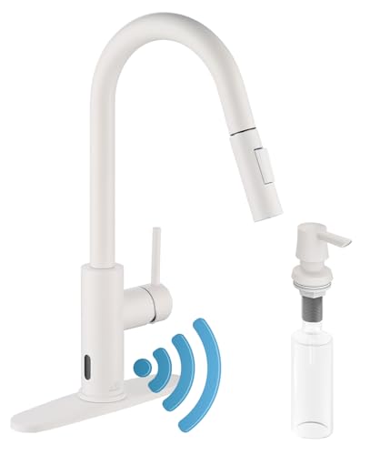 CASAINC Kitchen Faucet with Pull Down Sprayer Matte White, 1.8 gpm 16.89in H Touchless Motion Sensor Single Handle Kitchen Sink Faucet, Lead-Free Copper for Bar Laundry Kitchen Sink