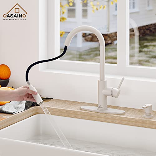 CASAINC Kitchen Faucet with Pull Down Sprayer Matte White, 1.8 gpm 16.89in H Touchless Motion Sensor Single Handle Kitchen Sink Faucet, Lead-Free Copper for Bar Laundry Kitchen Sink