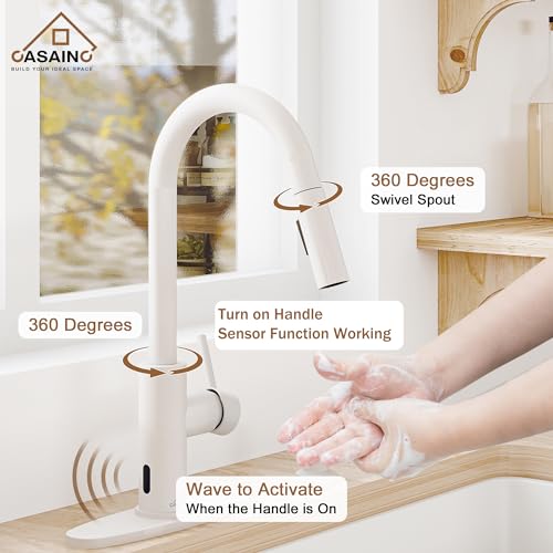 CASAINC Kitchen Faucet with Pull Down Sprayer Matte White, 1.8 gpm 16.89in H Touchless Motion Sensor Single Handle Kitchen Sink Faucet, Lead-Free Copper for Bar Laundry Kitchen Sink